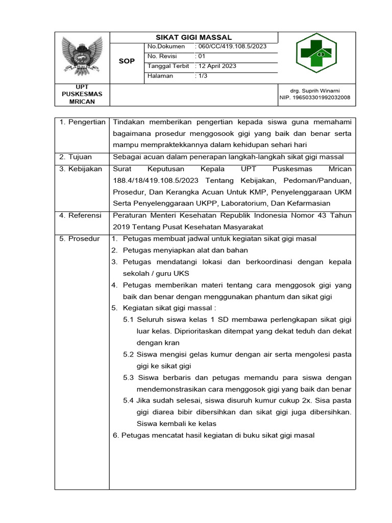 Sop 2023 Sikat Gigi Massal | PDF