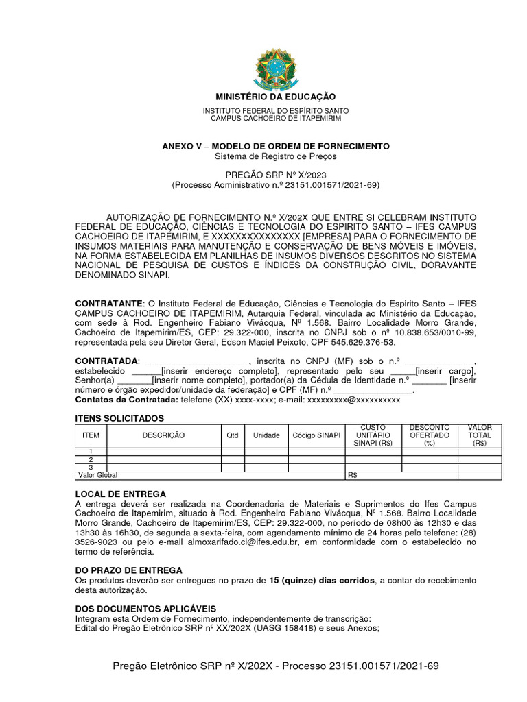 3 - Anexo I.2 - Modelo de Ordem de Fornecimento | PDF