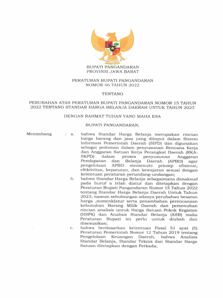 Perbup No. 46 Tahun 2022 TTG SHB 2023 Perubahan | PDF