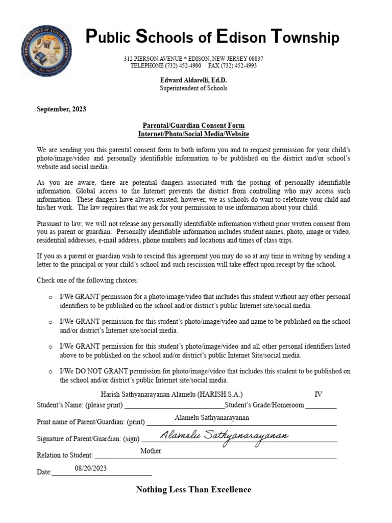 Edison Schools Parental Consent Form | PDF | Internet | Social Media