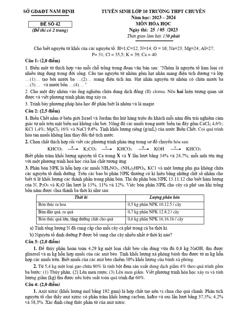 2023 2024 de Chuyen Le Hong Phong Nam Dinh | PDF