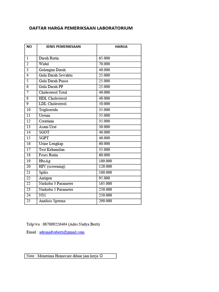 Daftar Harga Pemeriksaan Laboratorium Ades | PDF