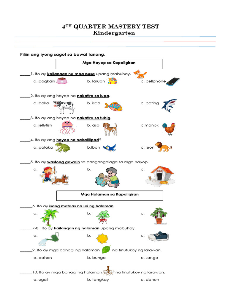 4TH Quarter Mastery Test Kinder | PDF