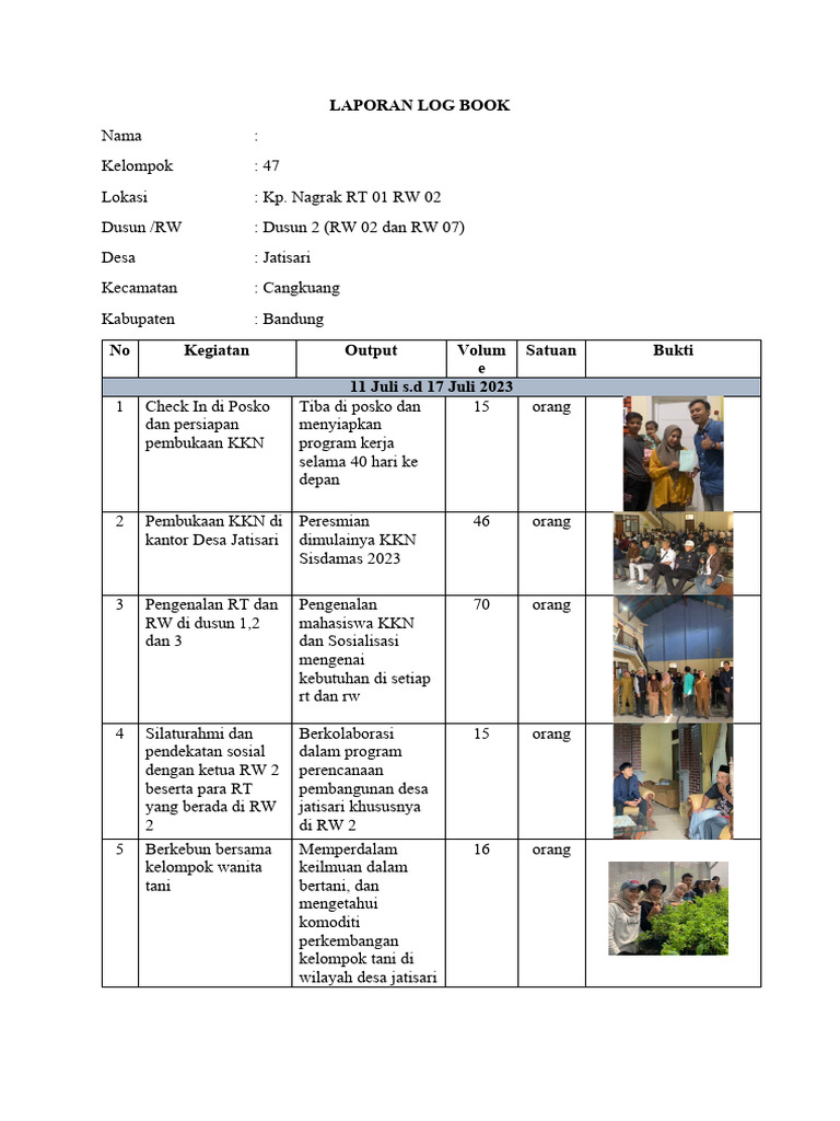 Laporan Log Book KKN UIN BANDUNG 47 DESA JATISARI | PDF