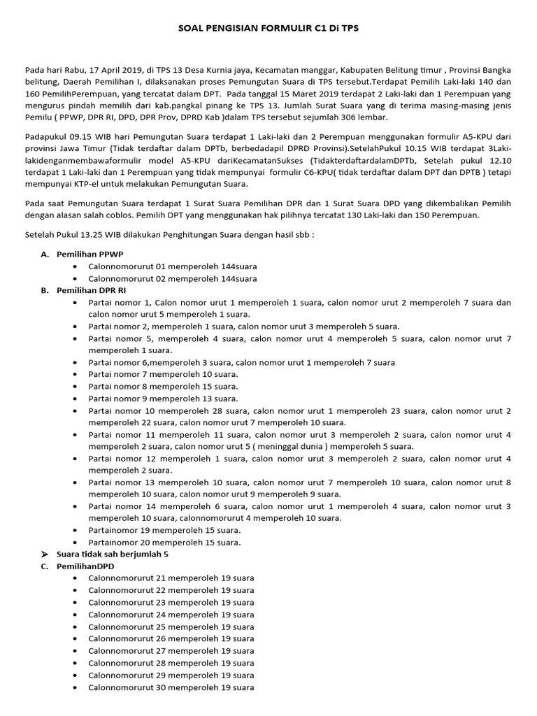 SOAL PENGISIAN FORMULIR C1 Di TPS - Kurnia | PDF