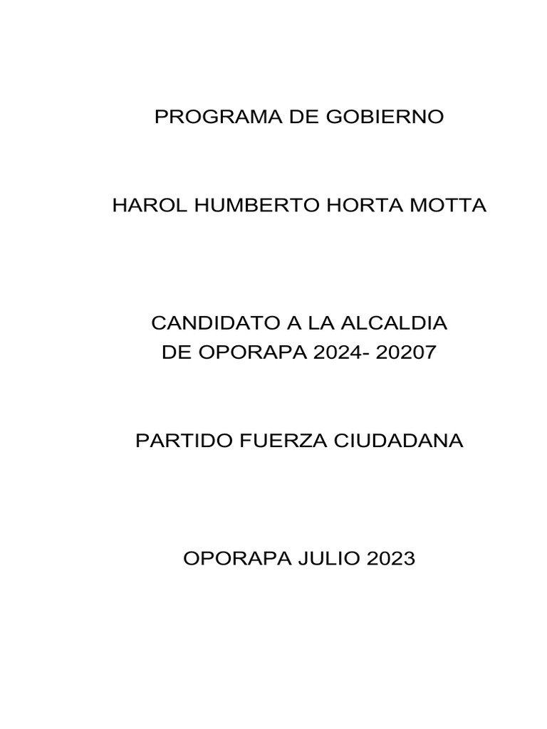 Plan de Gobierno para Oporapa 2024 - 2027 Con El Sr. Harol Horta Motta ...