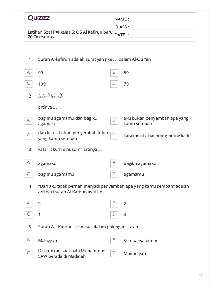 Latihan Soal PAI Kelas 6 - QS Al Kafirun Baru | PDF