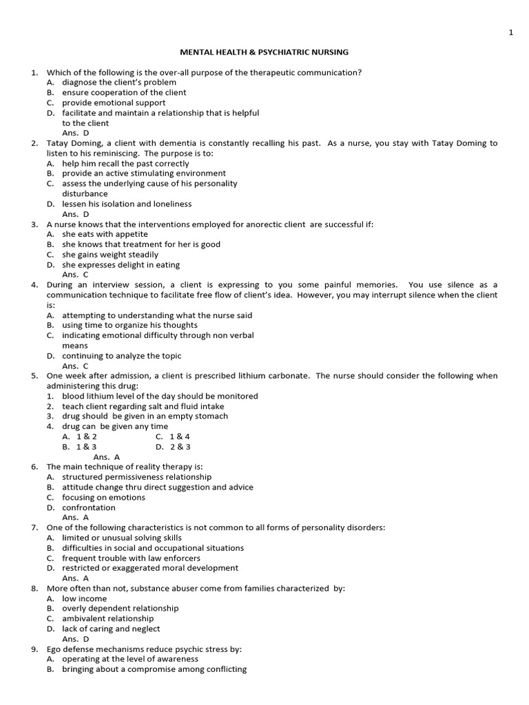 Mental Health & Psychiatric Nursing - Quiz | PDF | Mental Disorder ...