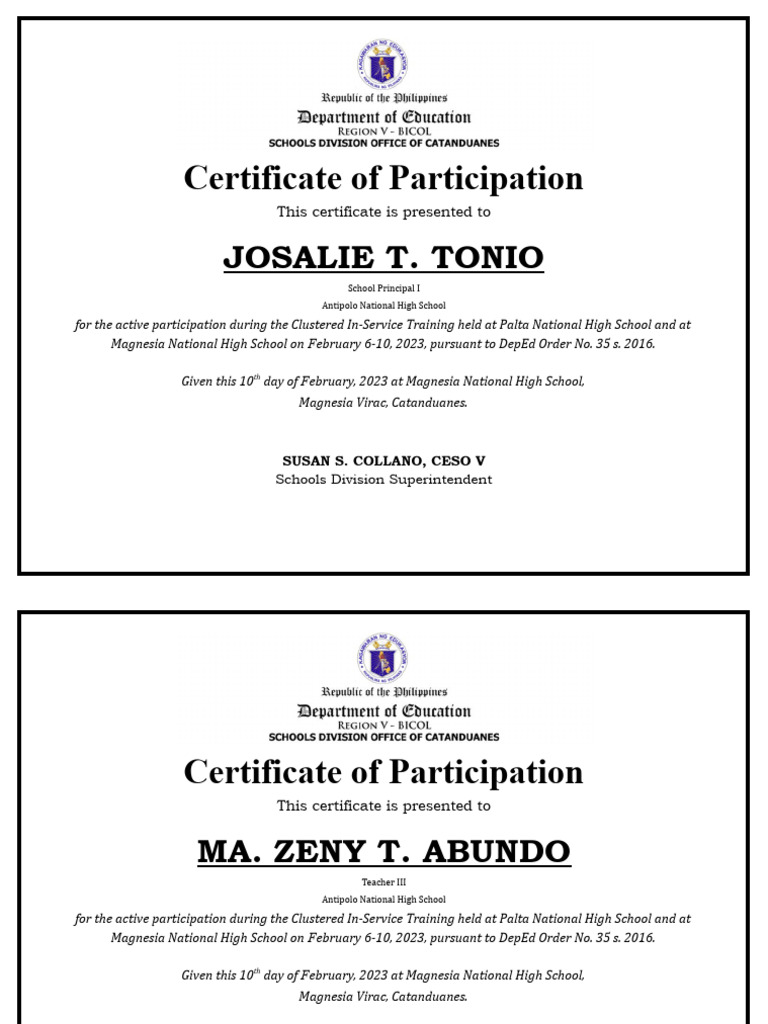 Certificate of Participation - ANHS | PDF