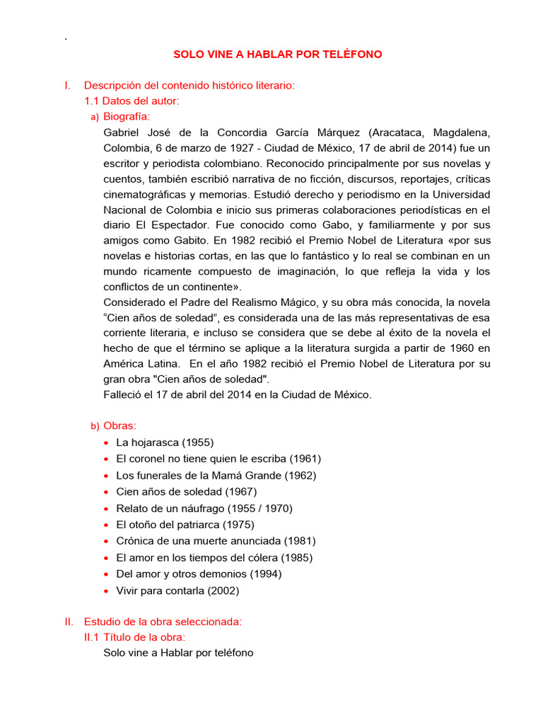 ANALISIS SOLO VINE A HABLAR X TELEFONO | PDF | Gabriel García Márquez