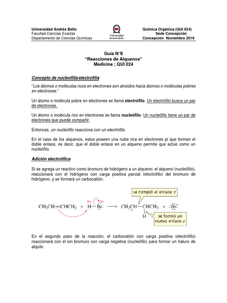 Guía N°8 QUI 024 Reacciones de alquenos | PDF | Alqueno | Reacciones químicas