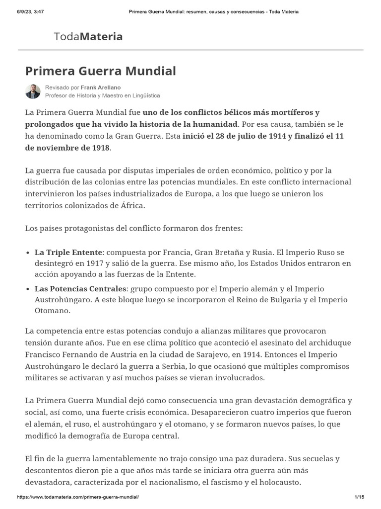 Causas y consecuencias de la Primera Guerra Mundial | PDF | Primera ...