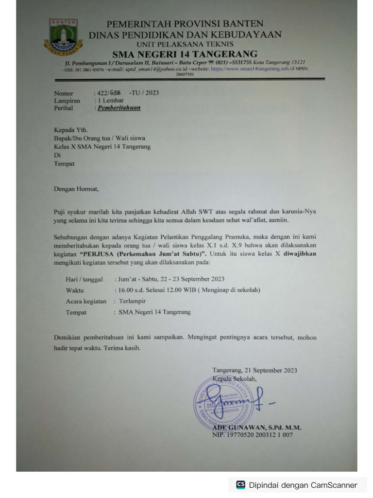 Surat Pemberitahuan Kegiatan PERJUSA | PDF
