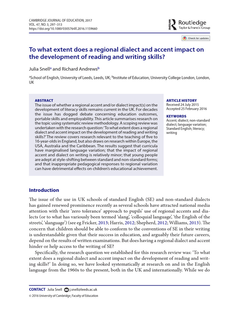 The Effect of Regional Dialect On Reading and Writing Skills | PDF | English Language | Orthography