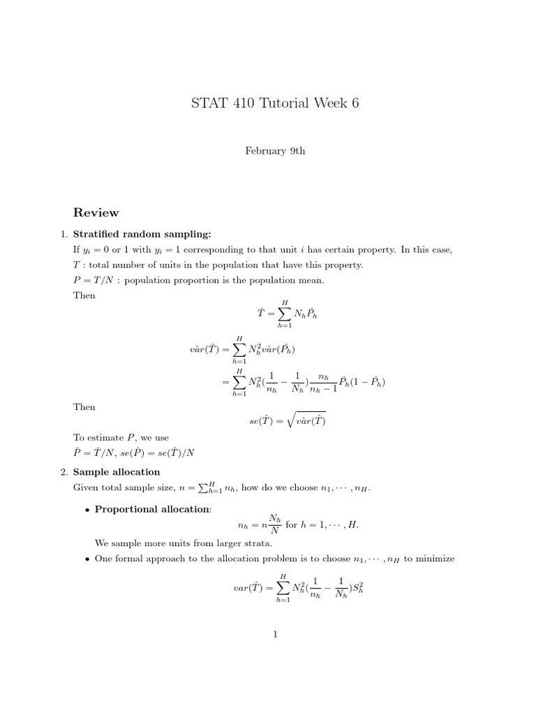 Stat 410 Tutorial Week 6 | PDF | Sampling (Statistics) | Stratified Sampling