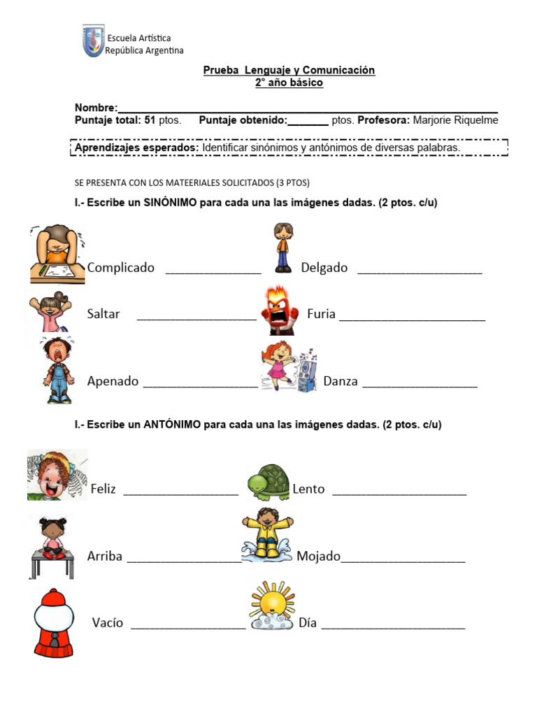 Prueba Sinónimos y Antónimos | PDF