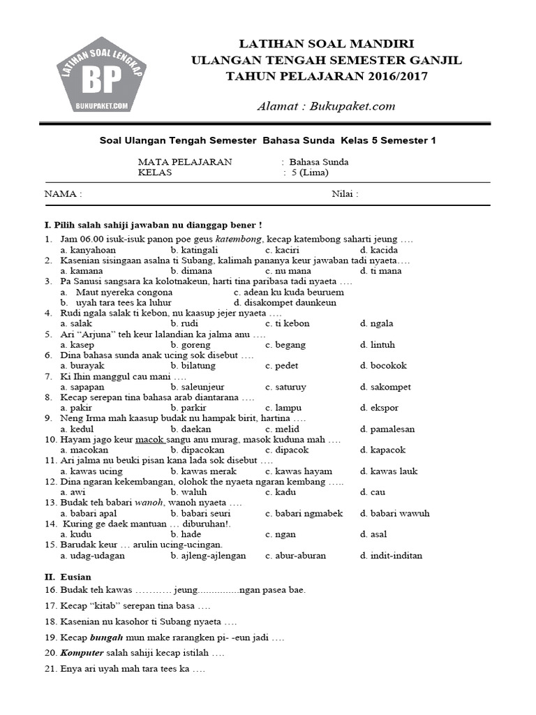 Soal UTS Bahasa Sunda Kelas 5 | PDF | Seni & Disiplin Bahasa
