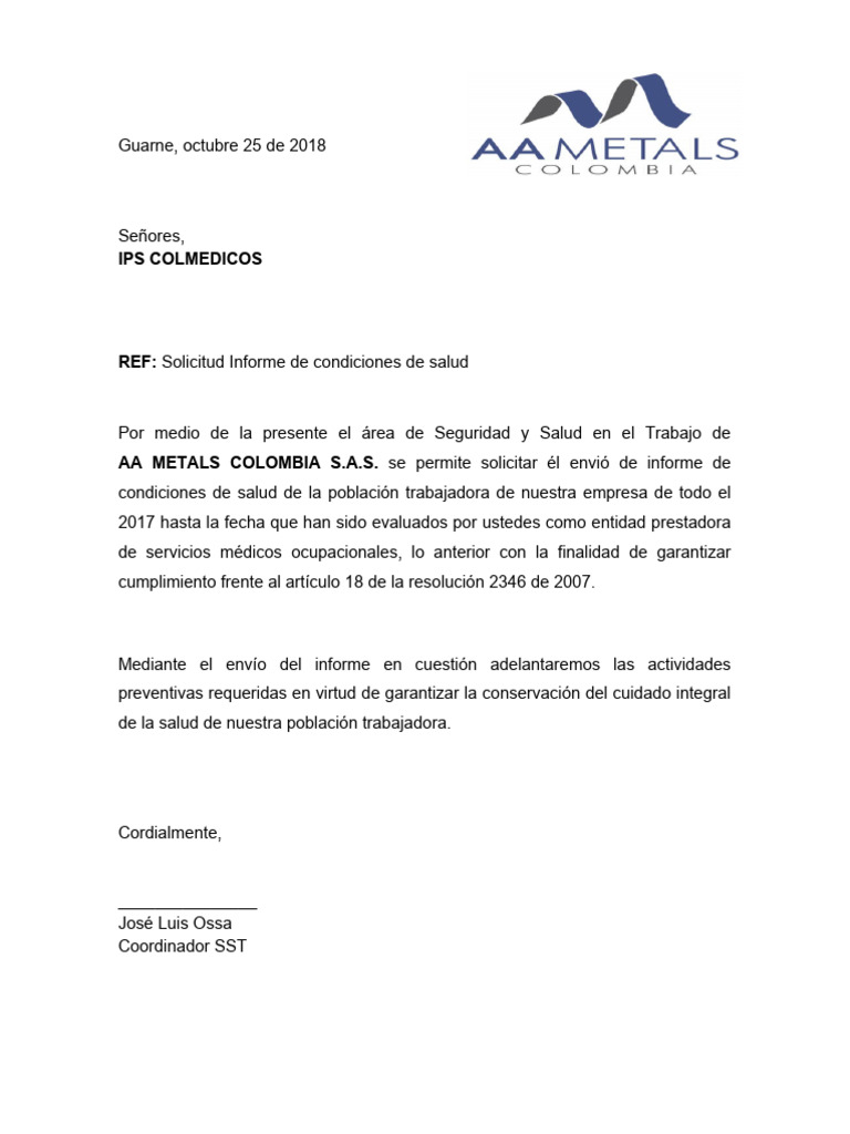 Solicitud Informe de Condiciones de Salud | PDF