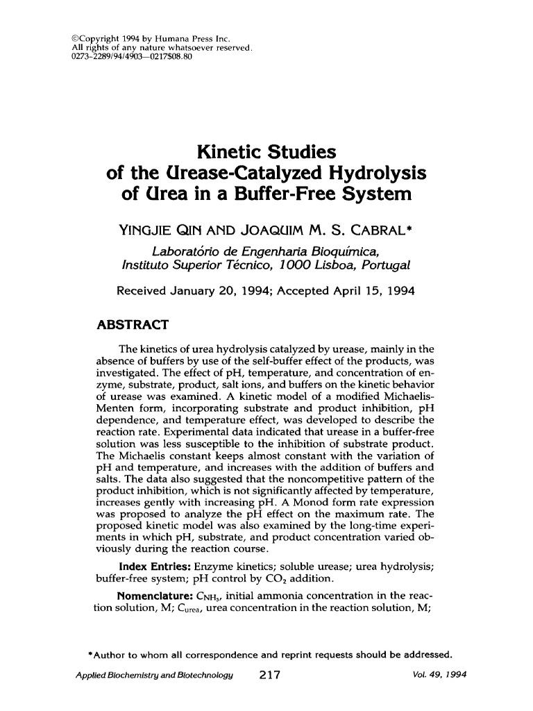 Kinetic Studies of The Urease Catalyzed Hydrlysis of Urea Ina Buffer ...