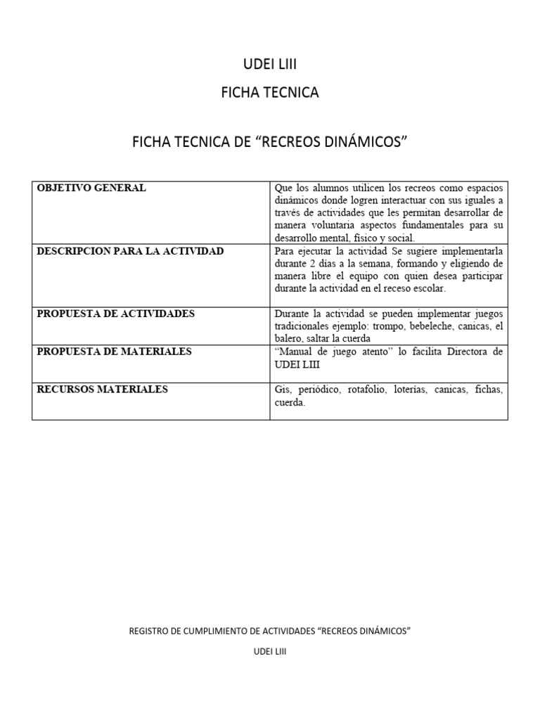 Ficha Tecnica Recreos Dinamicos Udei Liii | PDF