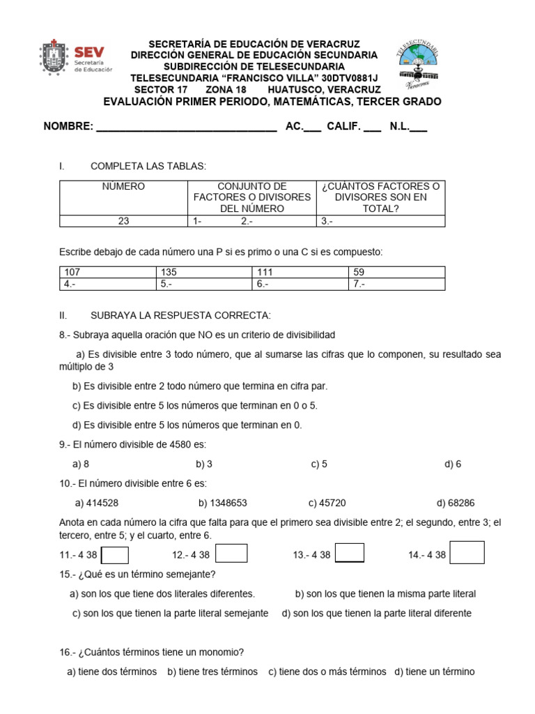 Examen de Matemáticas 3ro | PDF | Matemáticas | Teoría de los números