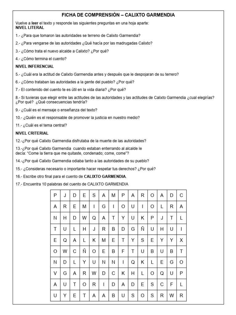 Ficha de Comprensión Calixto Garmendia | PDF