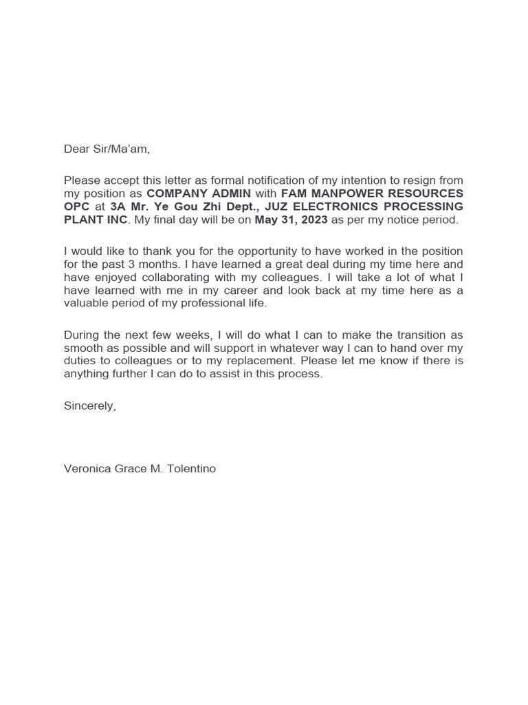 Resignation Letter from Company Admin | PDF
