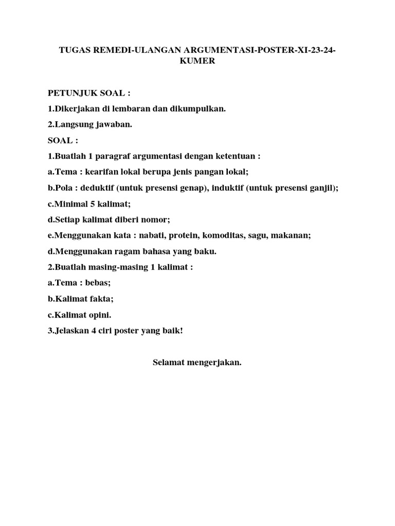 Tugas Remedi Ulangan Argumentasi Poster Xi 23 24 Kumer | PDF
