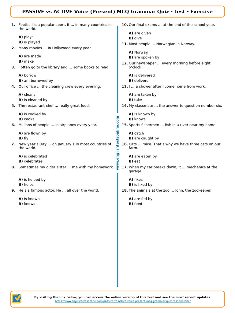 751 - Passive Vs Active Voice Present MCQ Grammar Quiz Test Exercise | PDF