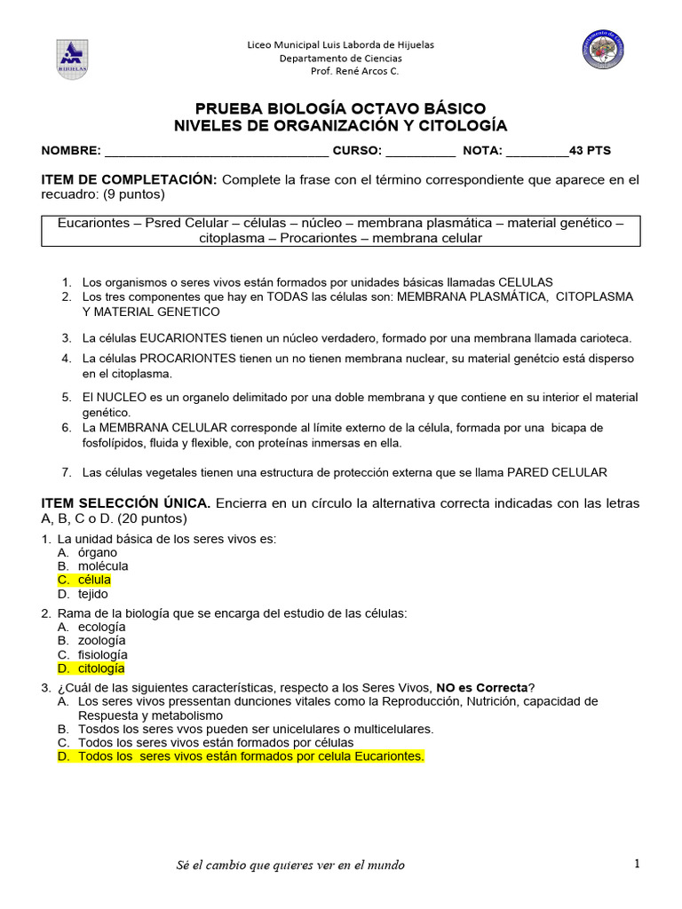 Prueba Celula OCTAVO CR | PDF | Organismos | Biología Celular)