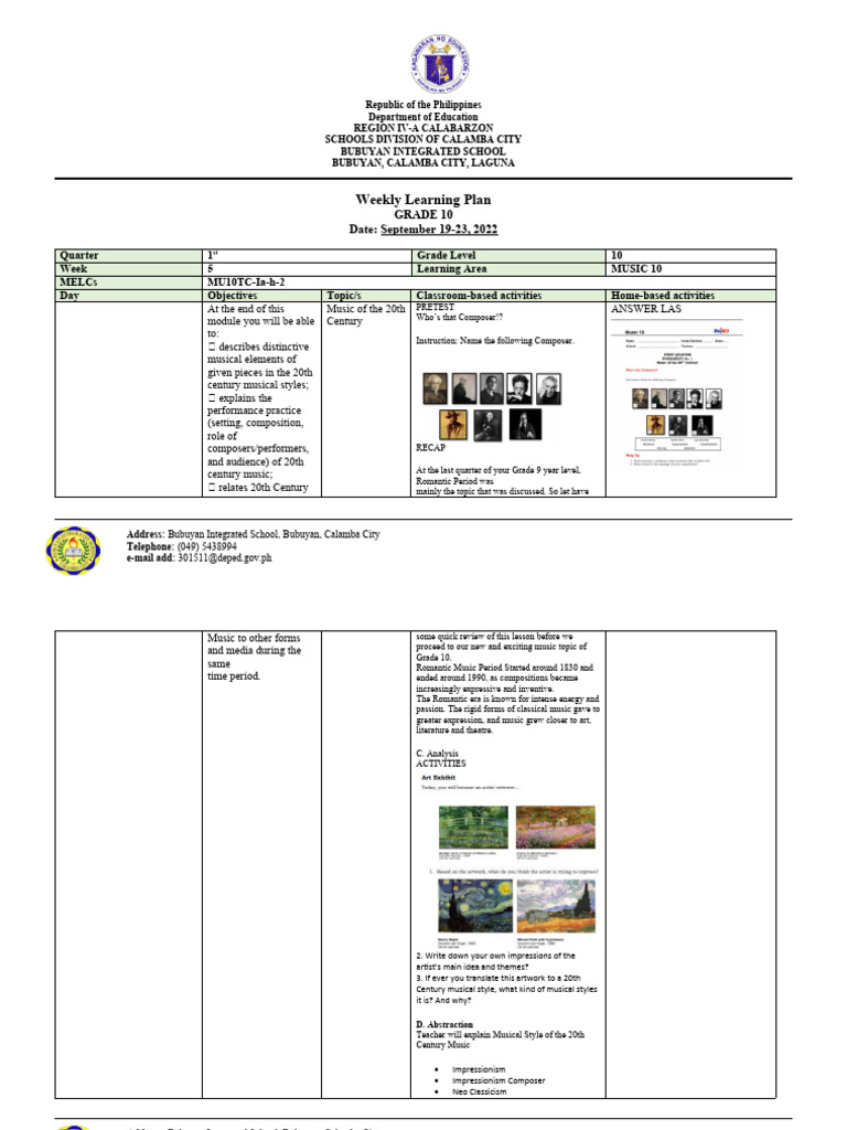 Grade 10 Music Learning Plan | PDF | Composers | The Arts
