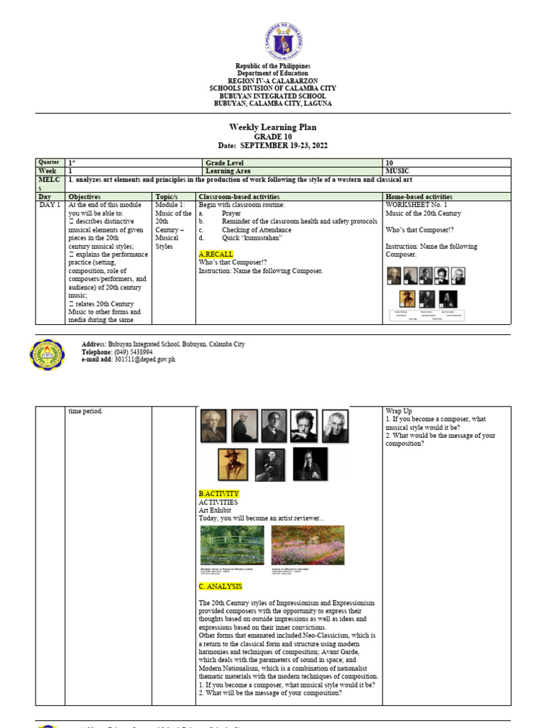 WLP g10 q1 Week 1 Music 10 Melc | PDF | Composers | Scale (Music)