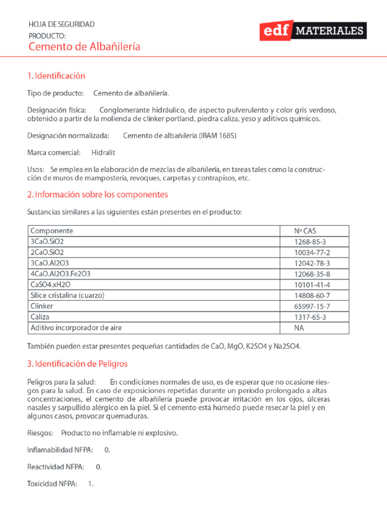 Hoja de Seguridad CEMENTO | PDF
