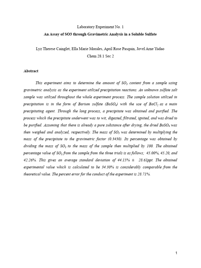 An Assay Of SO3 Through Gravimetric Analysis In A Soluble Sulfate