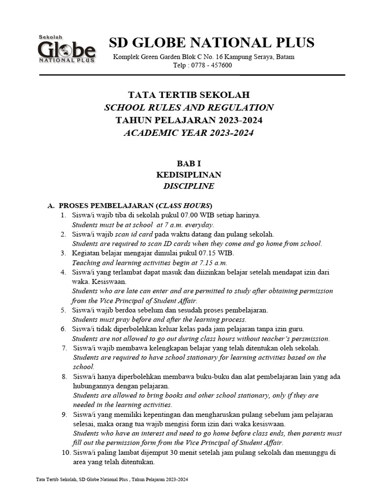Biaya dan Aturan SD Globe National Plus | PDF