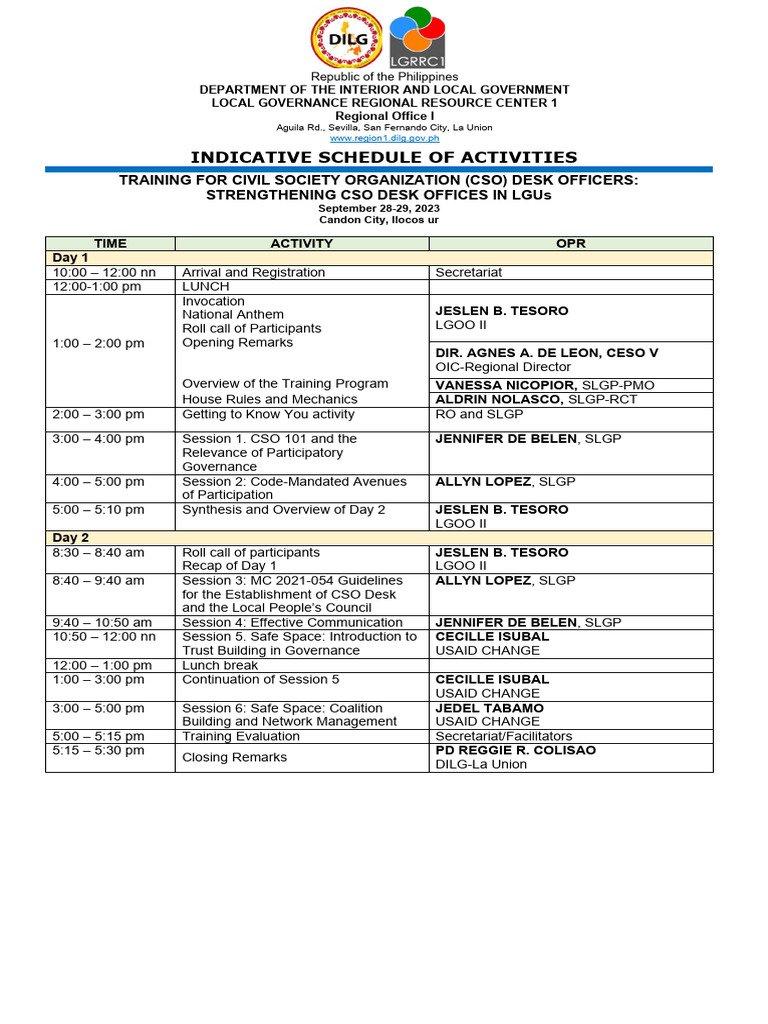 CSO Desk Officer Training Schedule | PDF