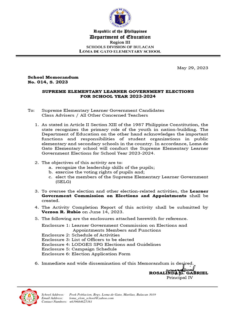 School Memorandum No. 14 Supreme Elementary Learner Government ...
