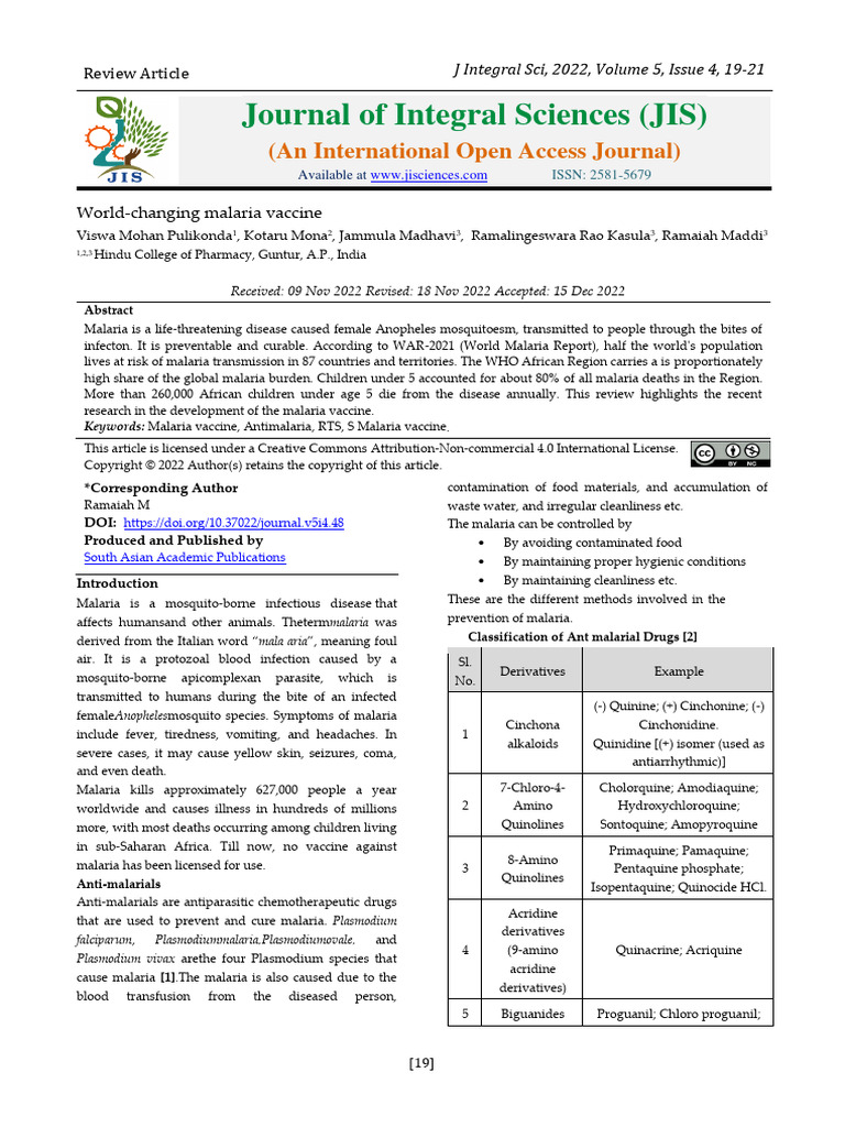 Viswa Mohan P Et Al., J Integral Sci, 2022, Volume 5, Issue 4, 19-21 | PDF | Malaria | Public Health