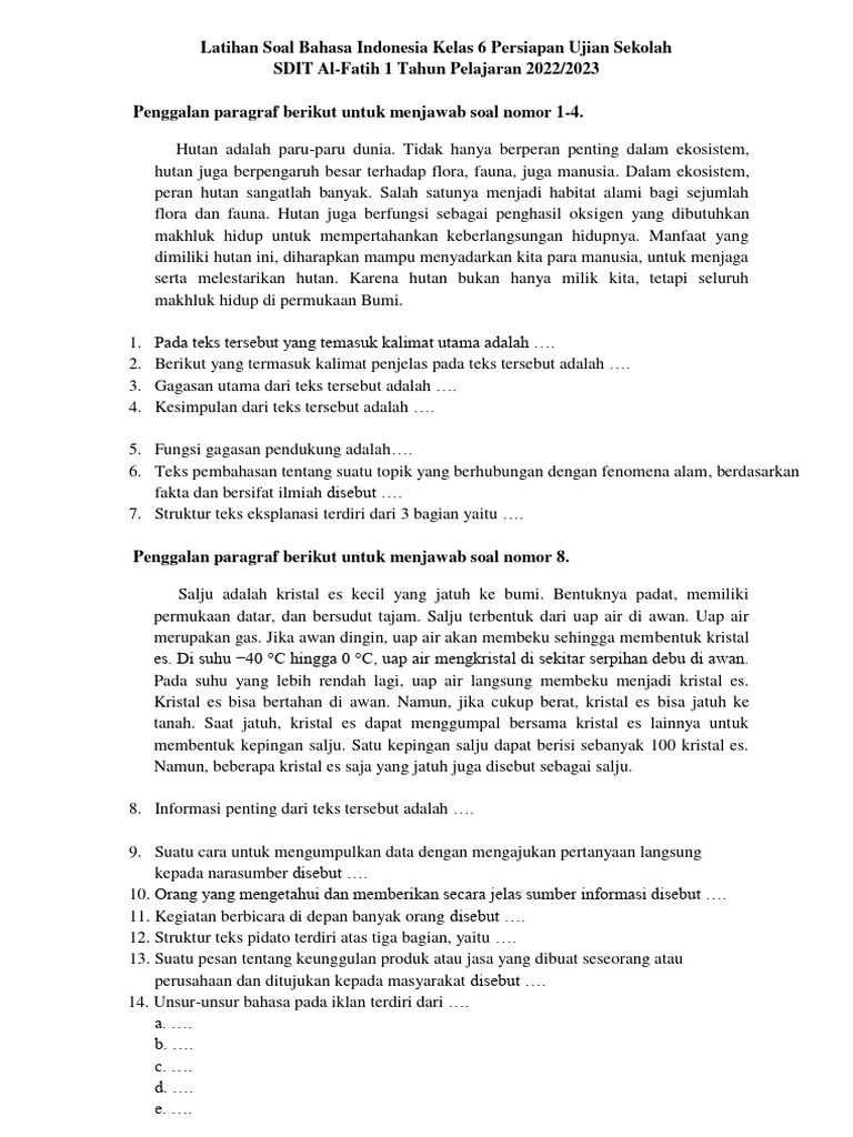 Latihan Soal Persiapan Ujian Sekolah Bahasa Indonesia Kelas 6 Sdit Al-Fatih 1 Tahun Pelajaran ...