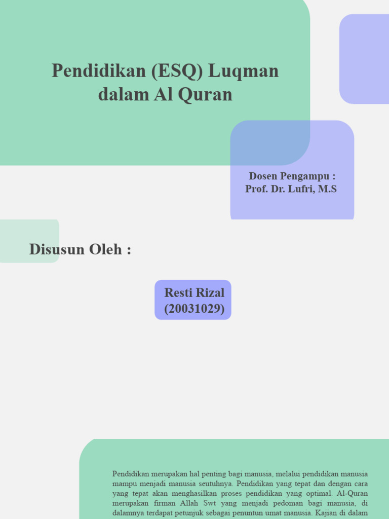 Resti Rizal - PPT Pendidikan (Esq) Luqman Dalam Al-Quran | PDF