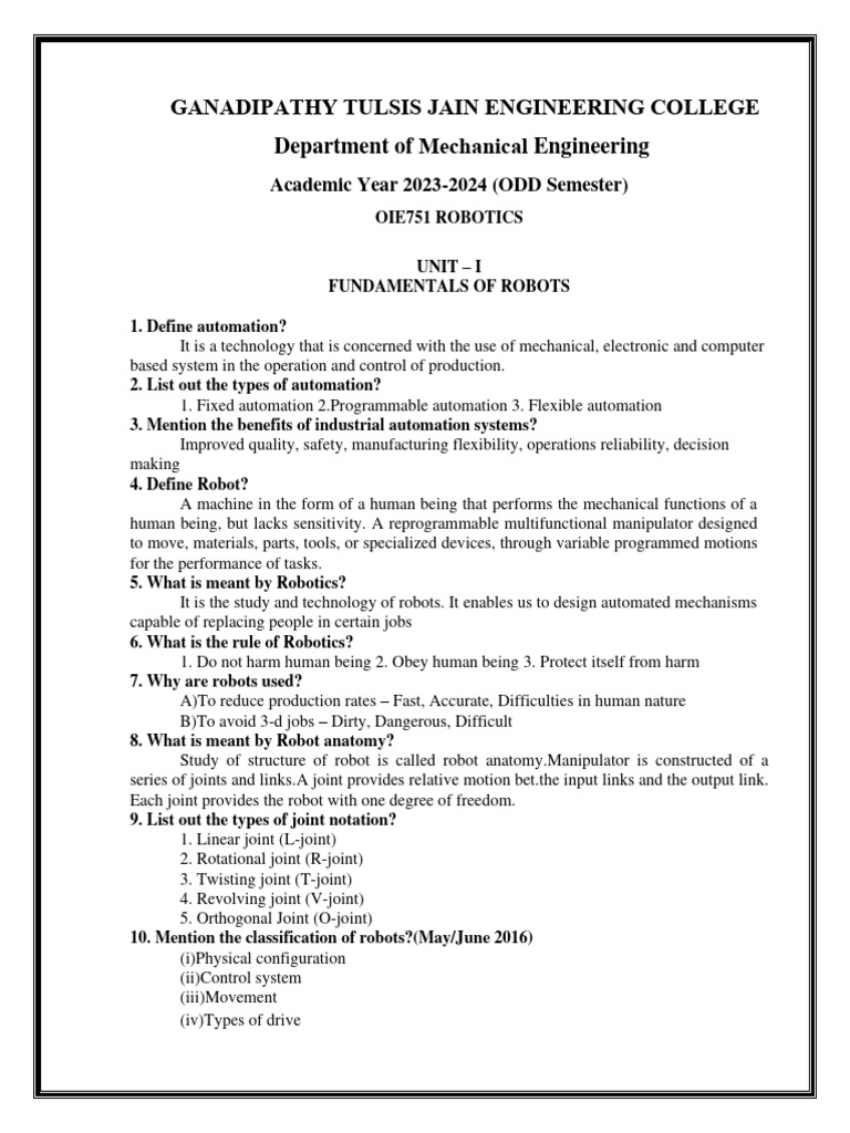 Robotics UNIT-I Two Marks With Answers | PDF | Automation | Robotics Robotics UNIT-I Two Marks With Answers | PDF | Automation | Robotics