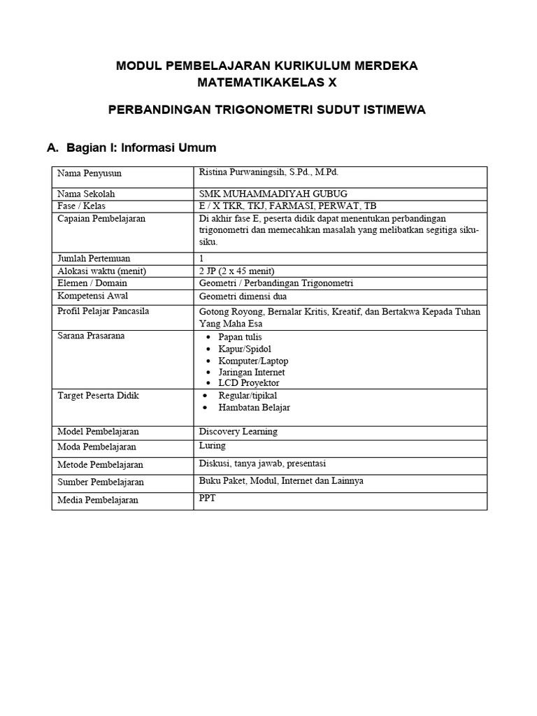 Modul Ajar MTK X Materi Perbandingan Trigonometri Sudut Istimewa | PDF