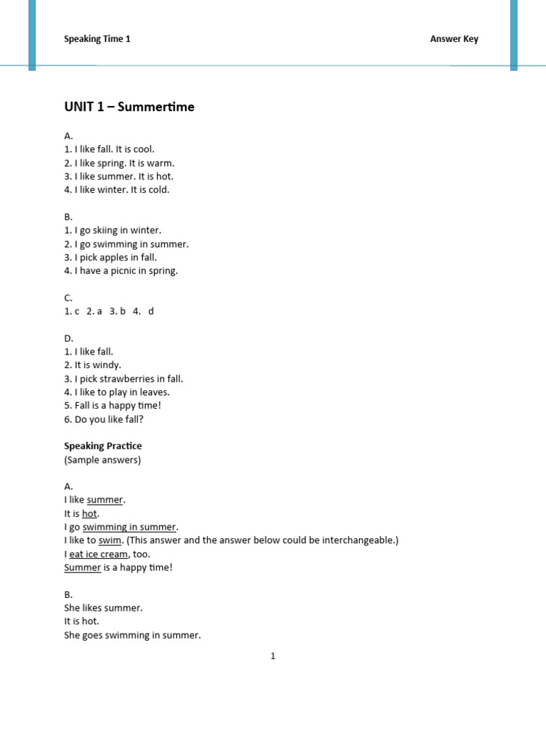 Speaking Time 1 Answer Key | PDF | Lunch