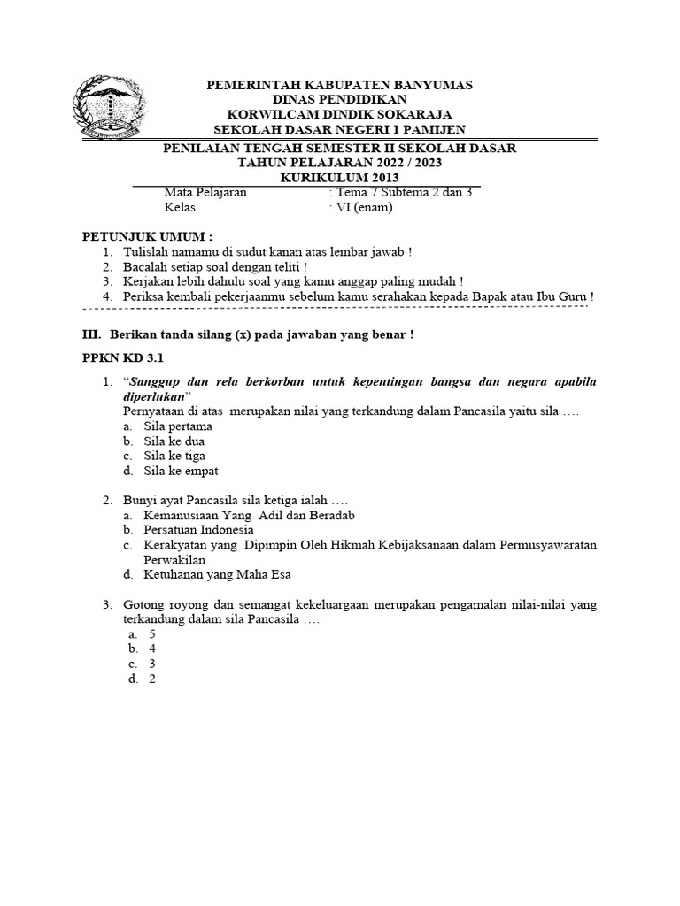Soal PTS KELAS 6 TEMA 7 SUB 2 DAN SUB 3 | PDF