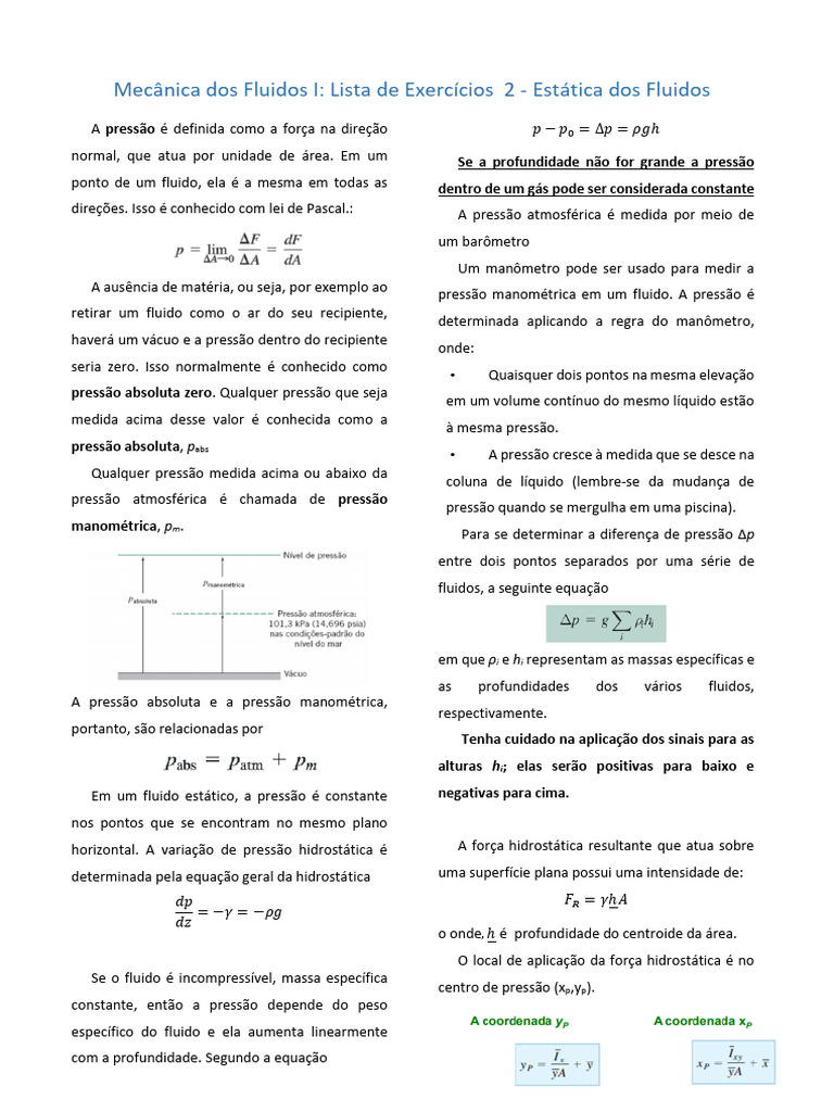 Lista 2 - Estatica Dos Fluidos | PDF