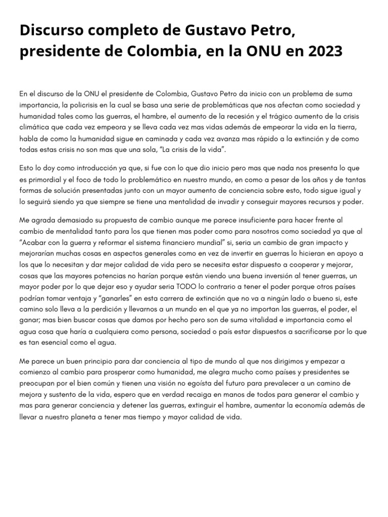 Discurso Completo de Gustavo Petro, Presidente de Colombia, en La ONU en 2023 | PDF | Naciones ...