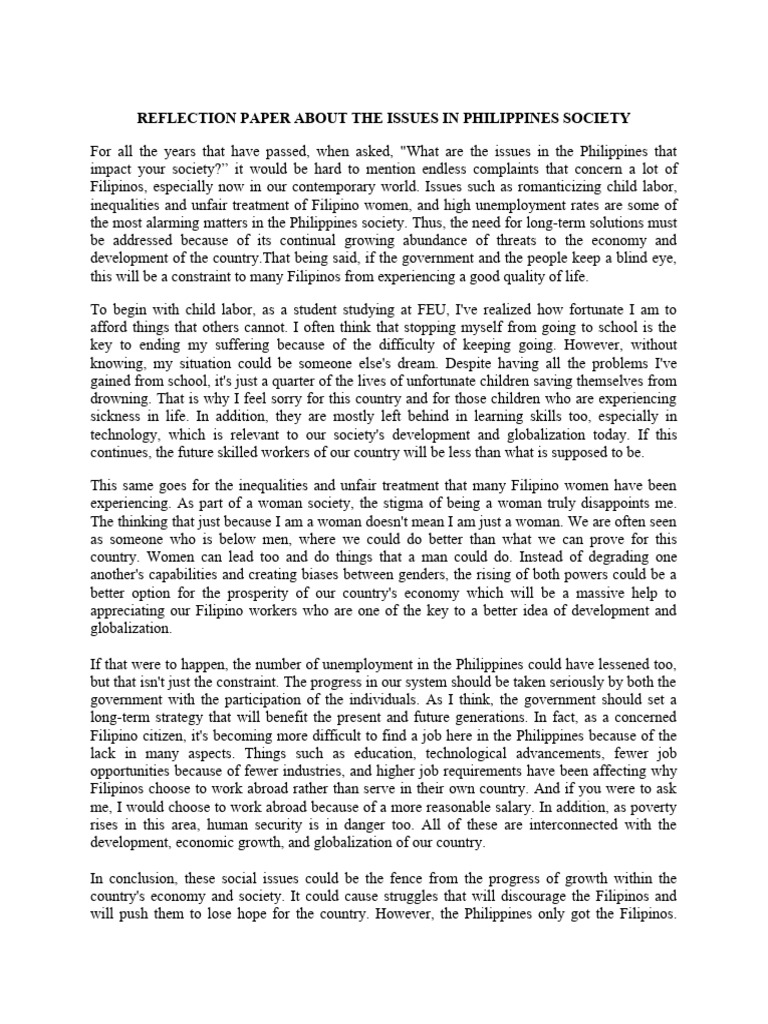 Reflection Paper About The Issues in Philippines Society | PDF
