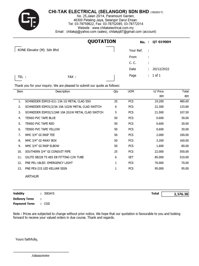 Quotation: Chi-Tak Electrical (Selangor) SDN BHD | PDF | Manufactured ...