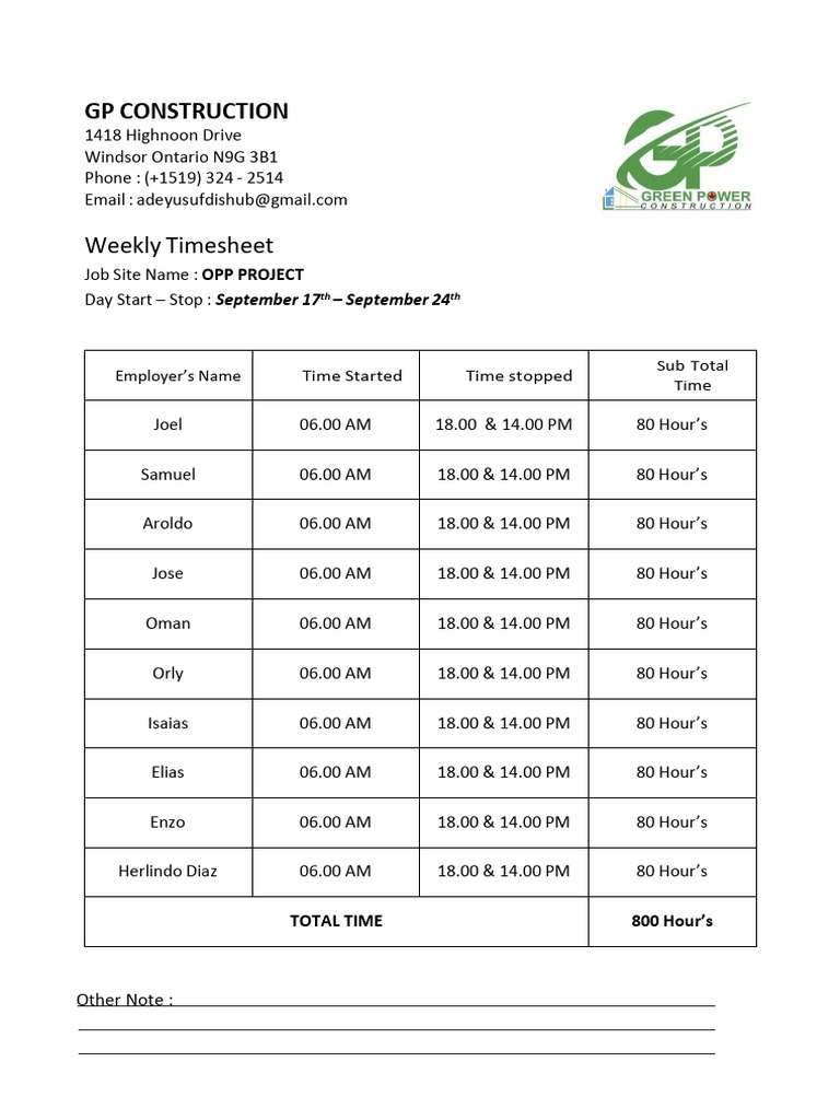 GP Construction: Weekly Timesheet | PDF