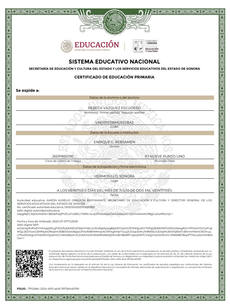 Certificado Primaria Sonora 2023 | PDF